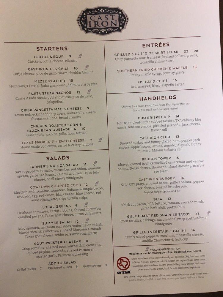 Menu at Cast Iron Restaurant, Fort Worth