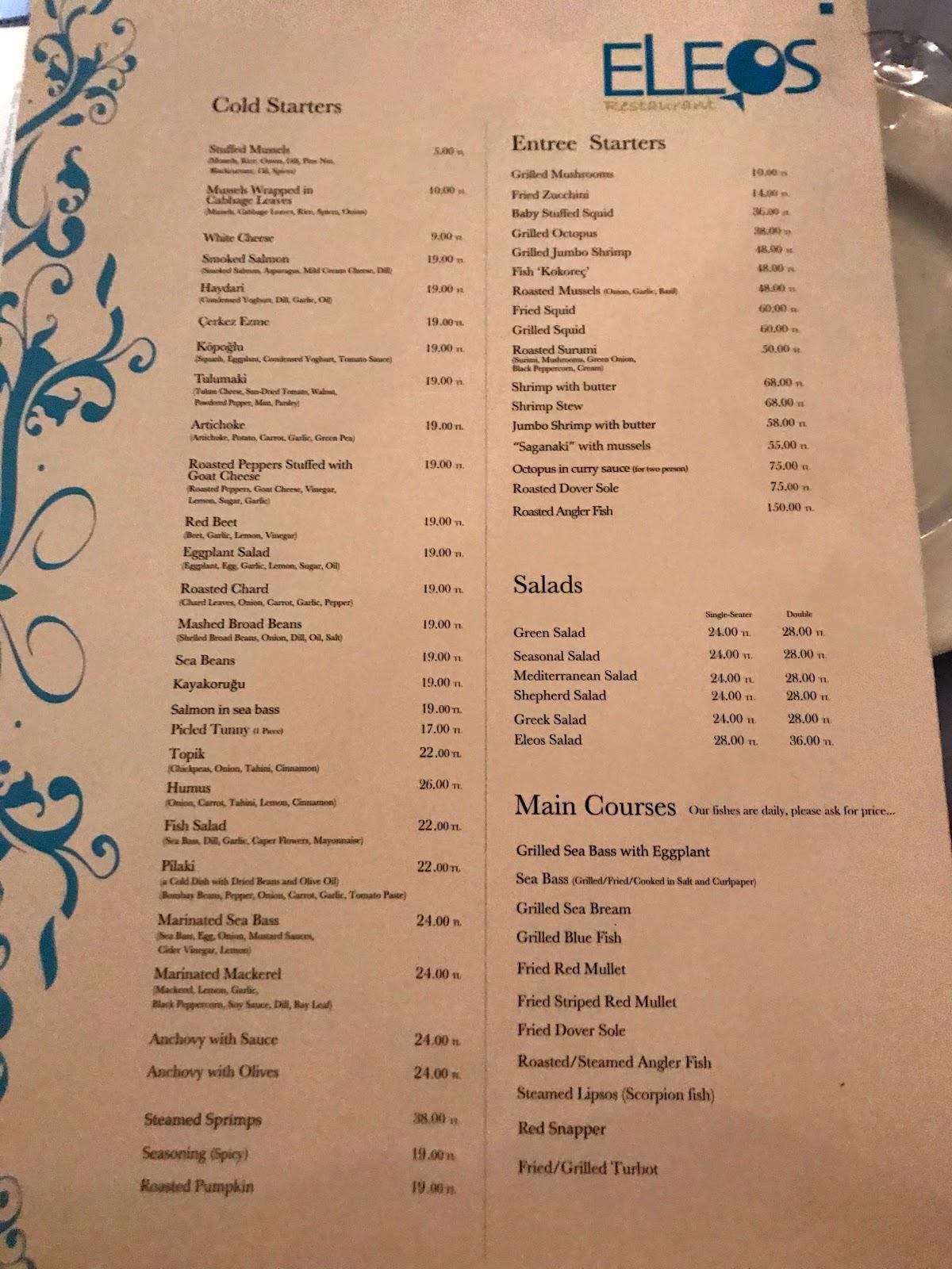 Menu at Eleos Restaurant, Istanbul, 2