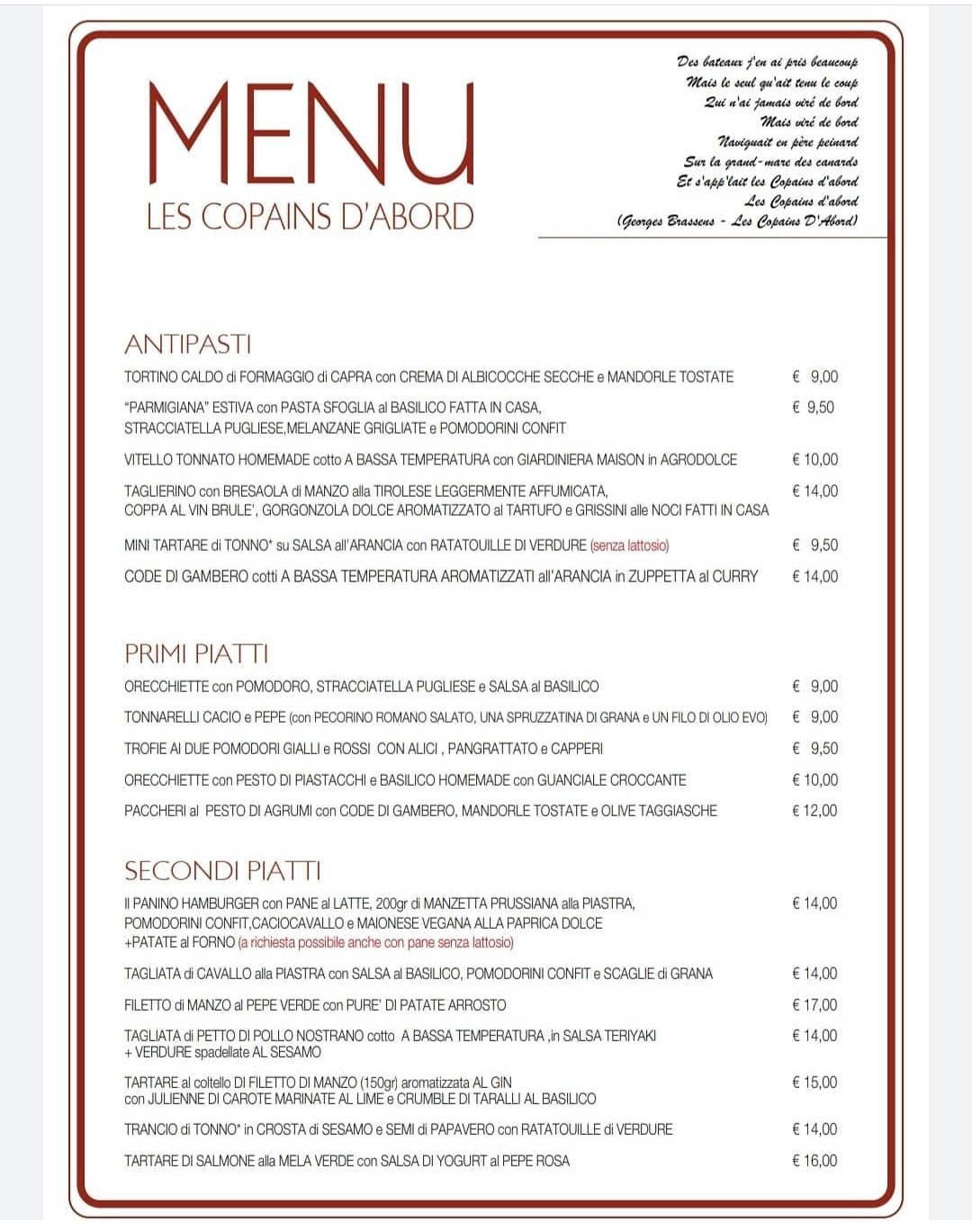 Carta del restaurante Les Copains d'abord, Brescia