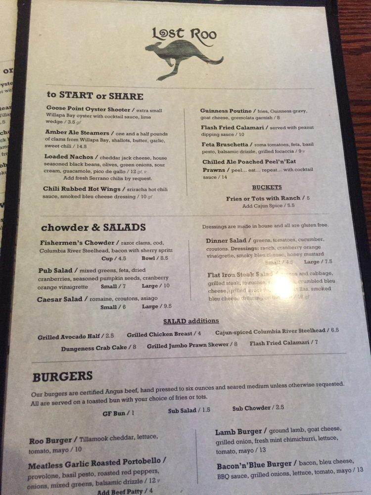 Menu at Lost Roo pub & bar, Long Beach
