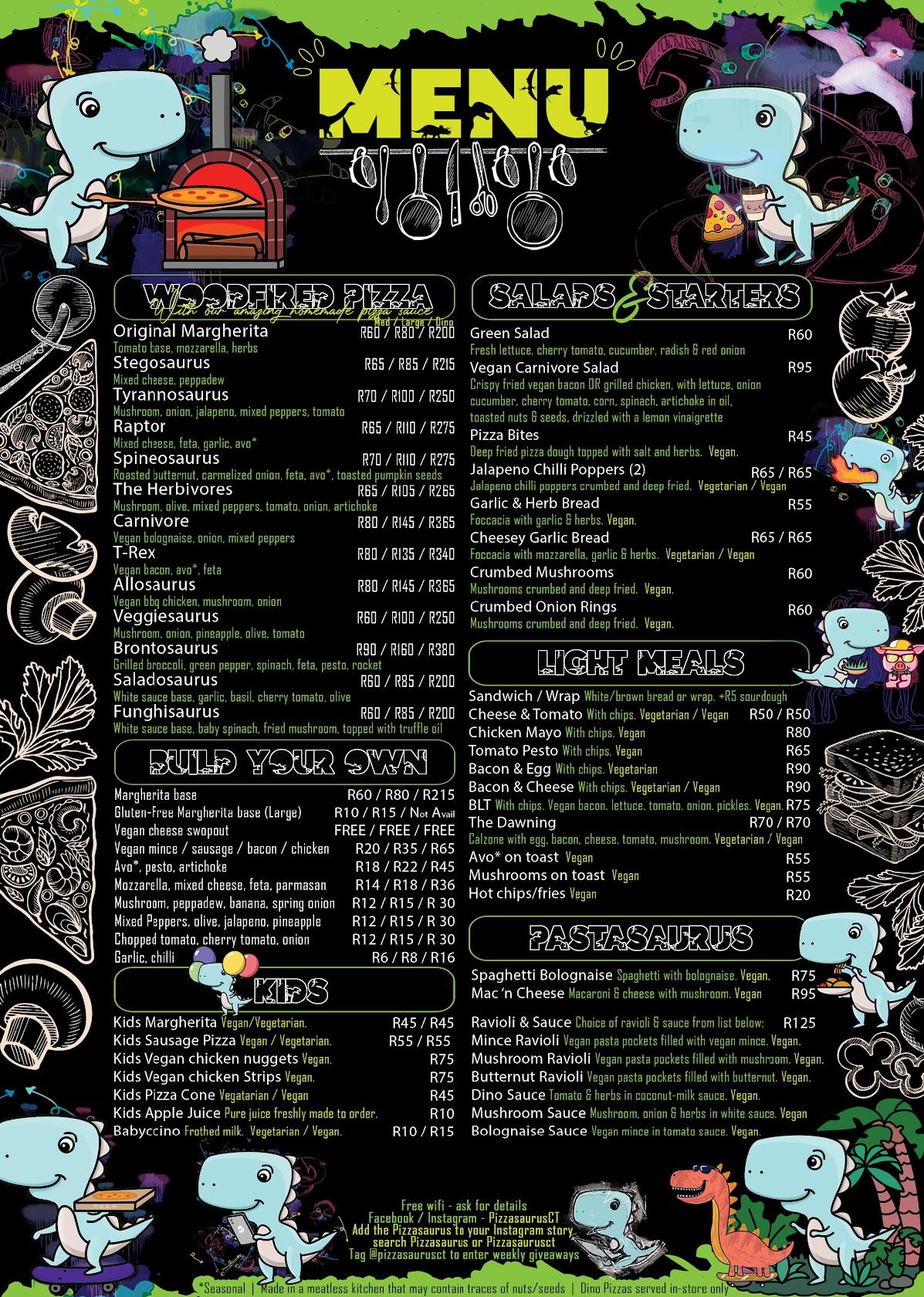 Menu at Pizzasaurus restaurant, Cape Town