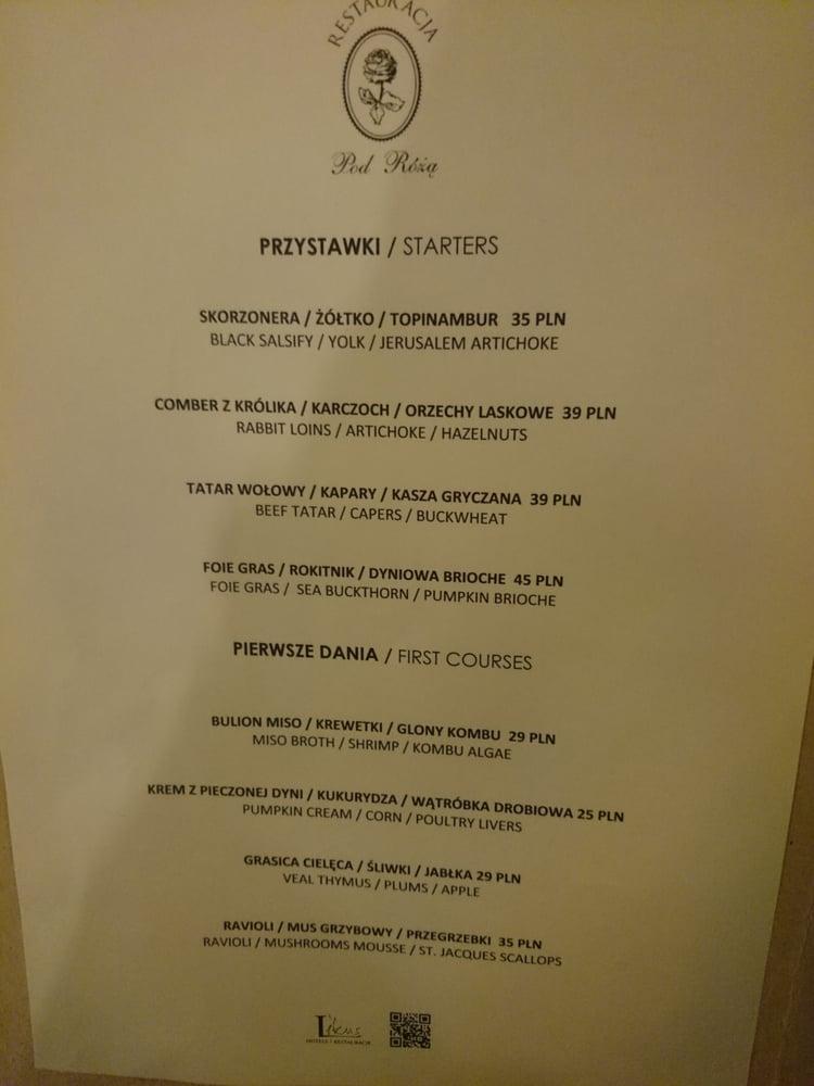 Menu at Restauracja Pod Różą restaurant, Kraków