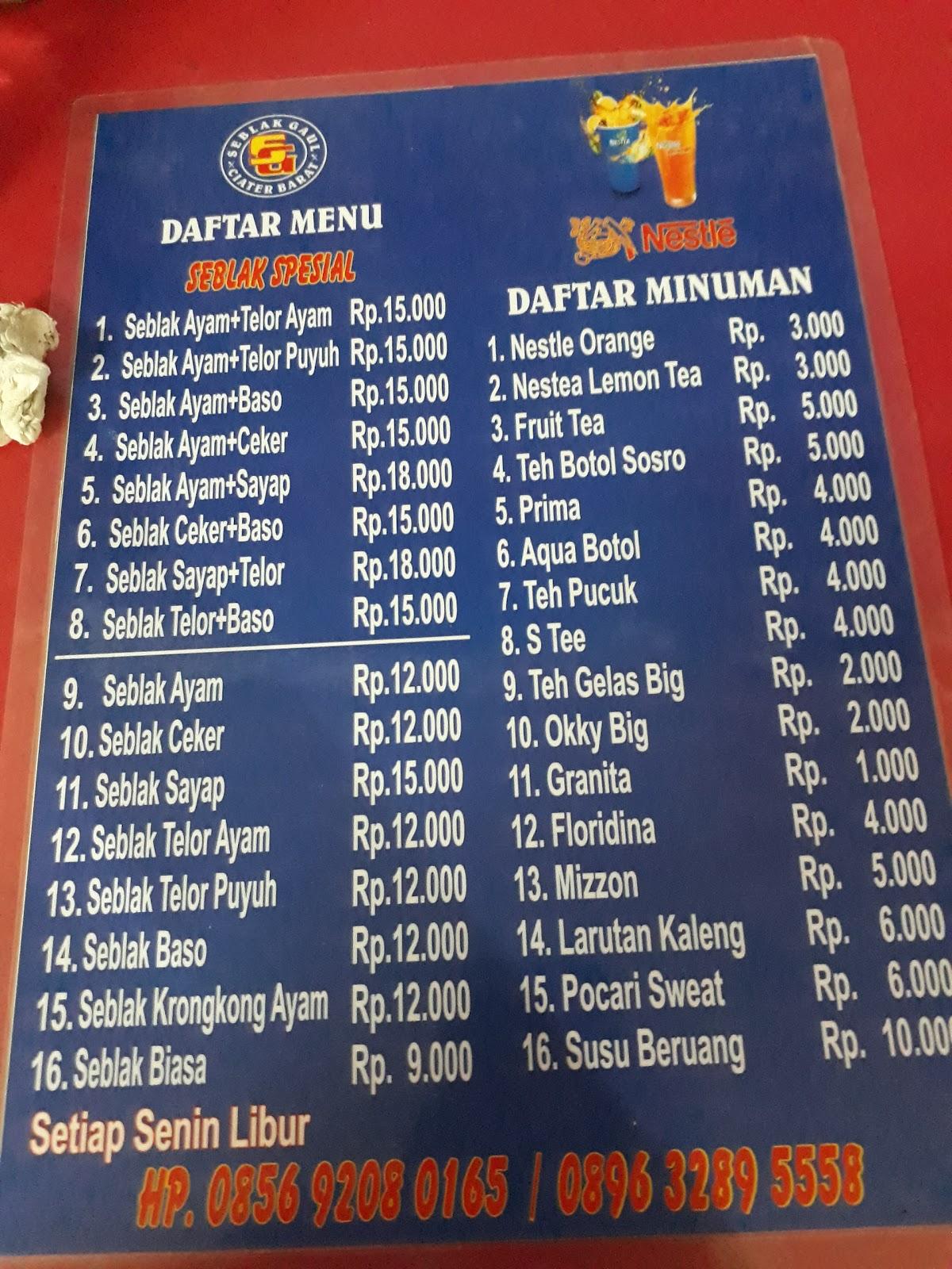 Menu at Seblak Gaul restaurant, South Tangerang