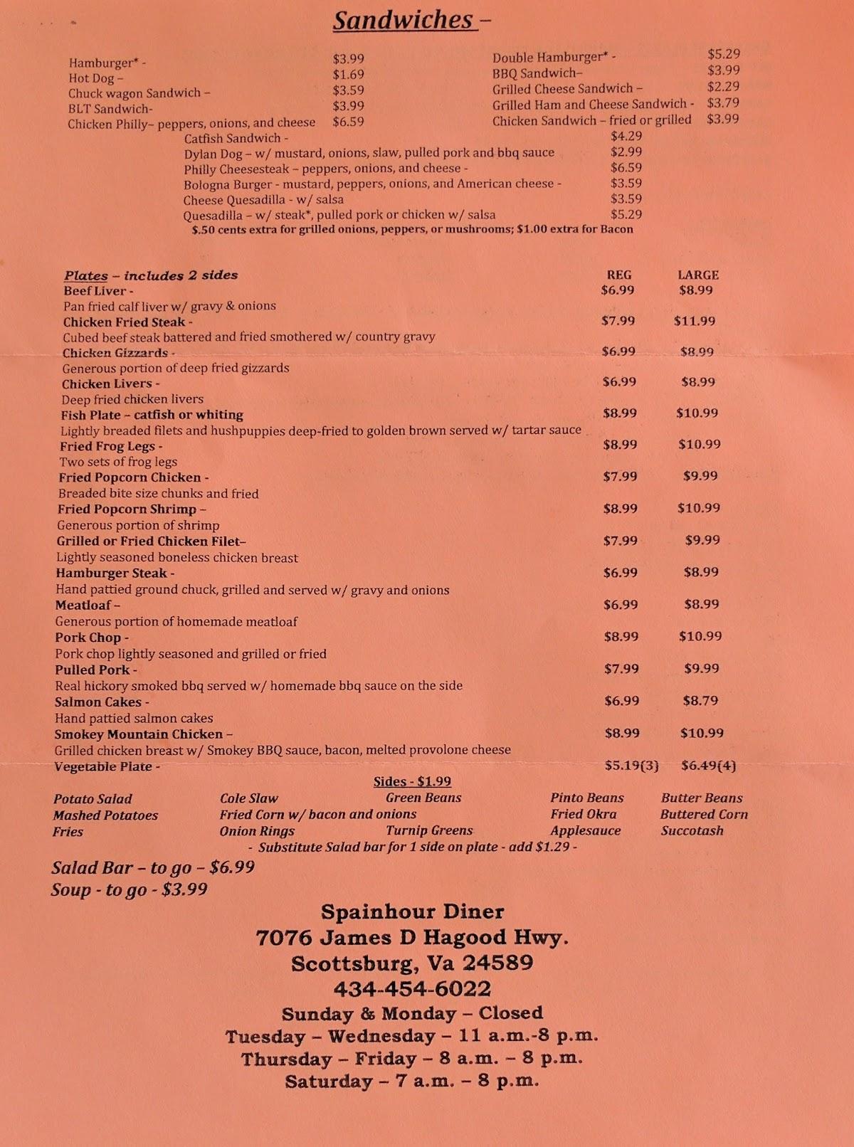 Menu at Spainhour Diner BBQ, South Boston