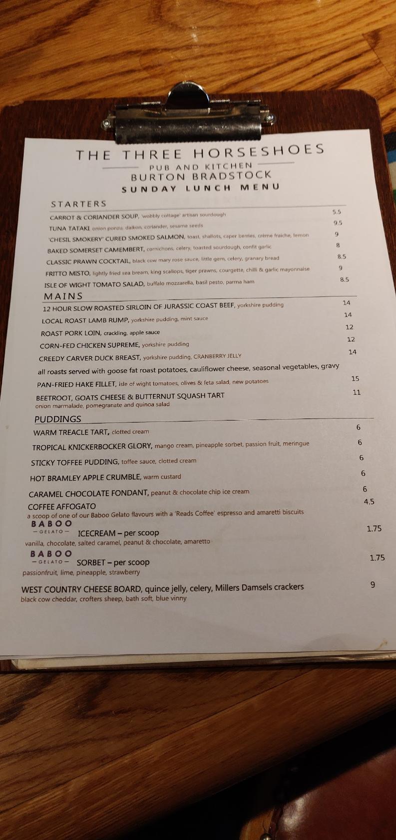 Menu at The Three Horseshoes pub & bar, Burton Bradstock