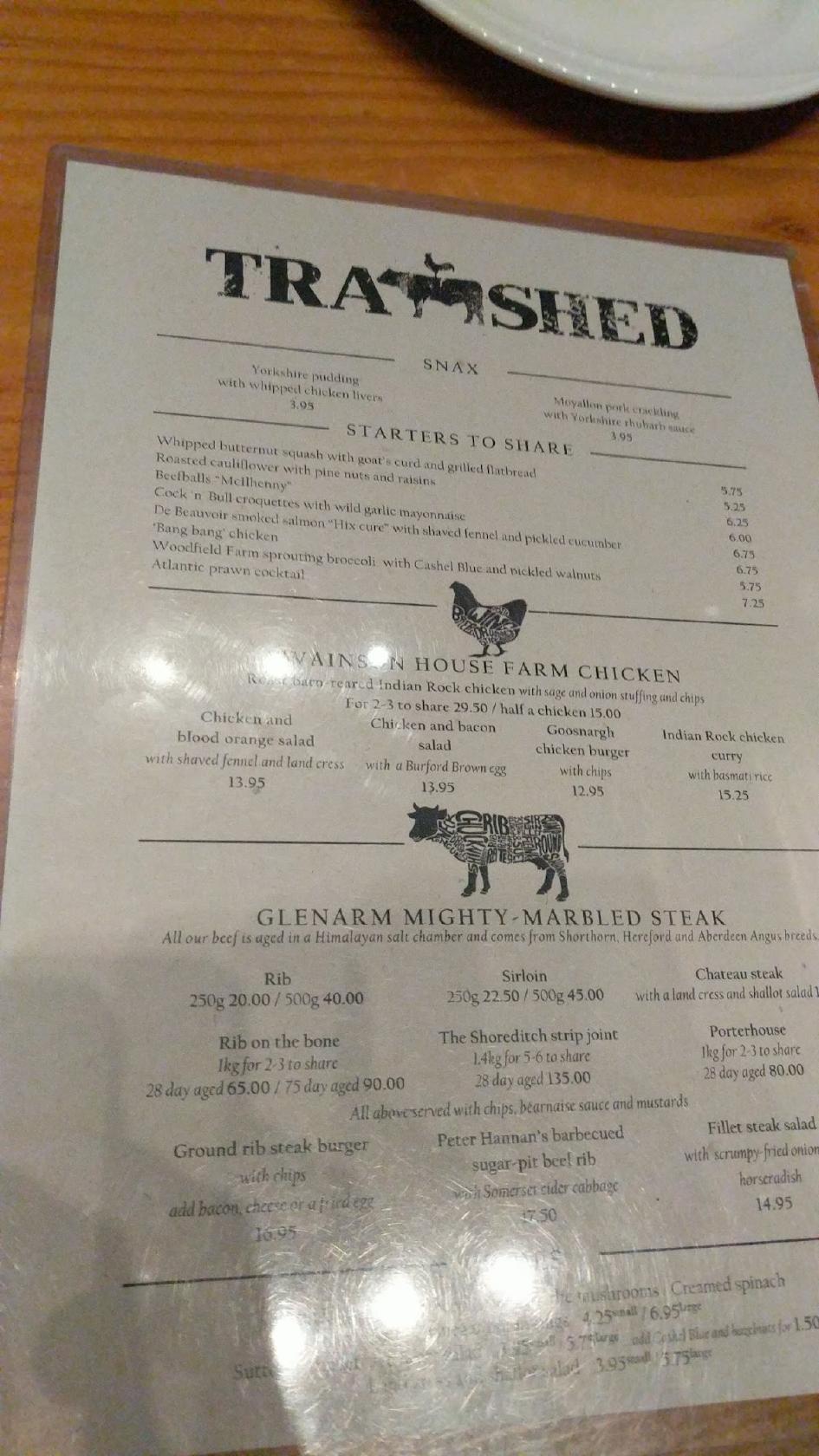 Menu at The Tramshed Project restaurant, London