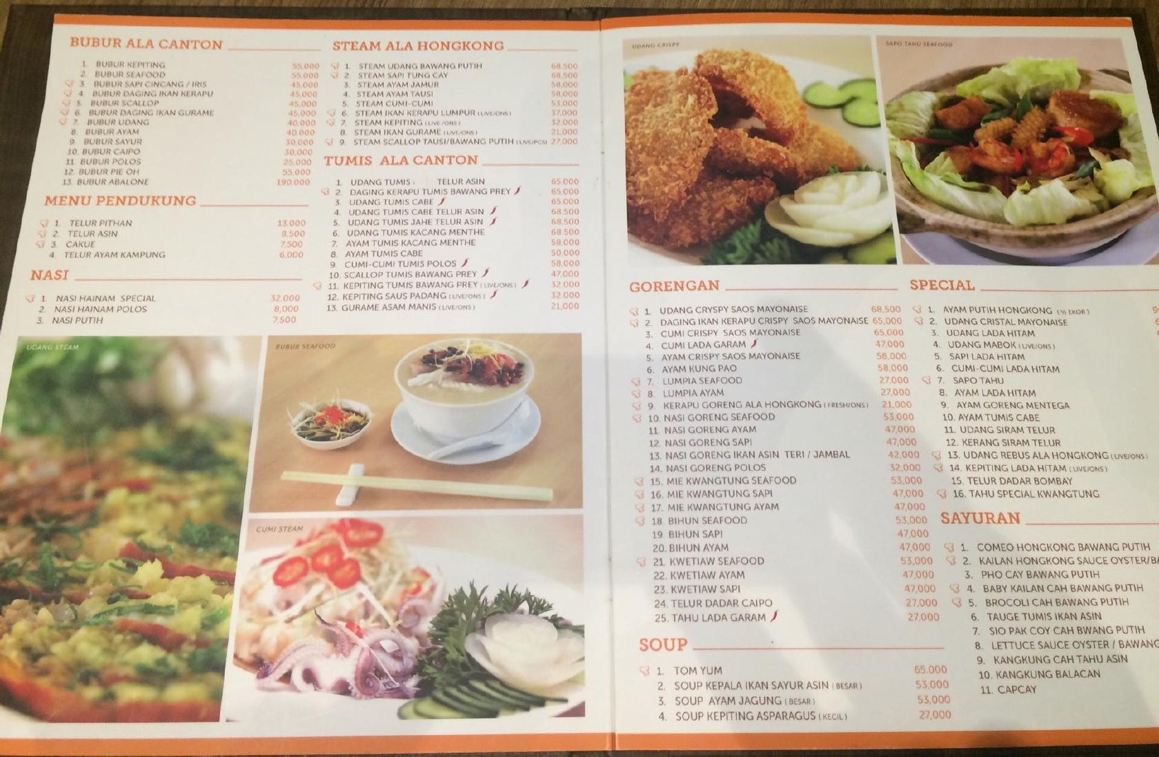 Menu at Bubur Kwangtung restaurant, Jakarta, Jl. Wolter Monginsidi No.49