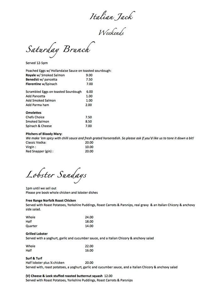 Menu at Italian Jack restaurant, London