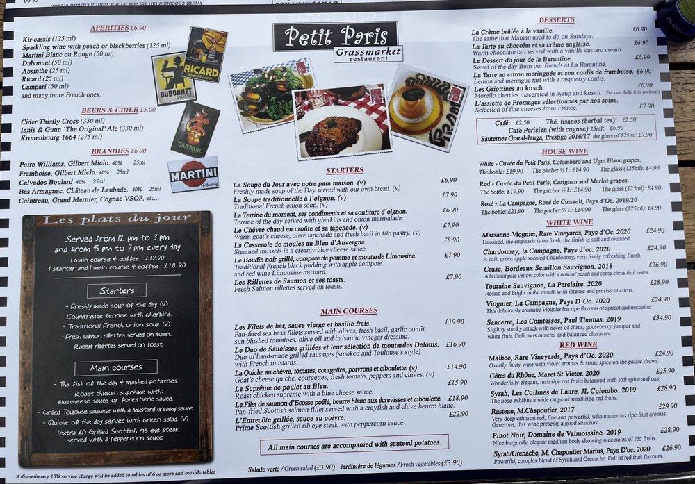 Menu at Petit Paris restaurant, Edinburgh, 38-40 Grassmarket