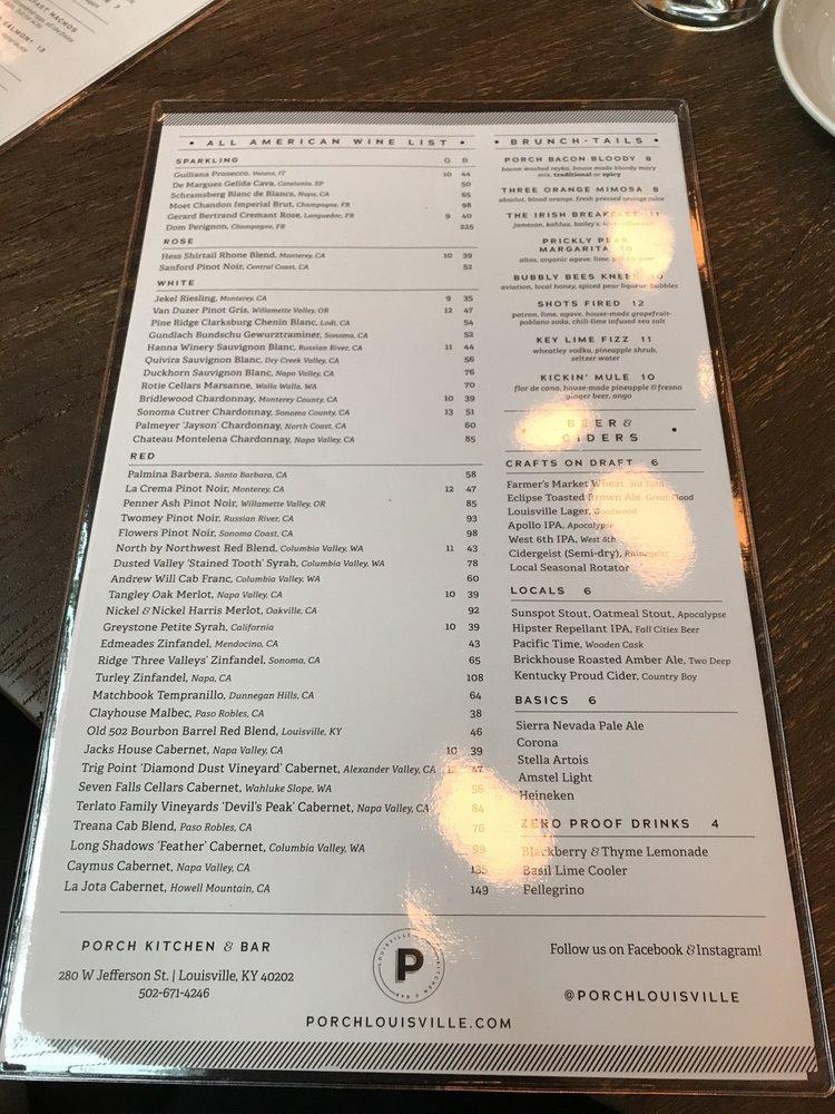 Menu at Porch Kitchen & Bar, Louisville