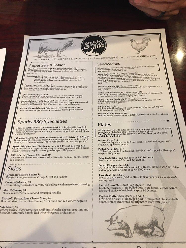 Menu at Sparks BBQ, Traverse City, 201 E Front St