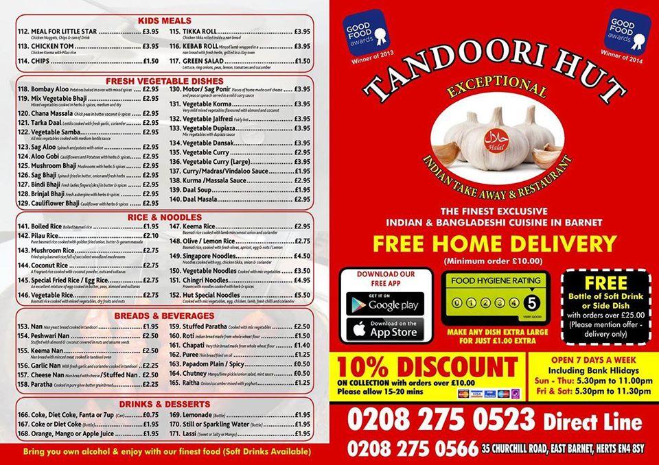 Menu at Tandoori Hut fast food, London, 35 Church Hill Road