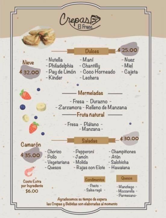 Menu at Crepas El Fracc desserts, Tlaquepaque, Batalla de Zacatecas 3085