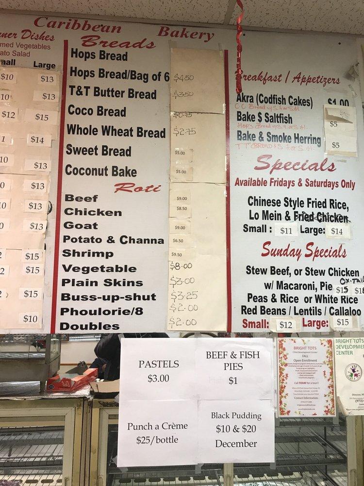 Menu at Cynthia's Caribbean Bakery, Irvington