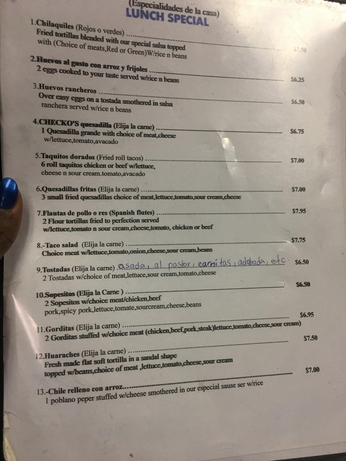 Menu at Don Checko's Mexican restaurant, Chambersburg