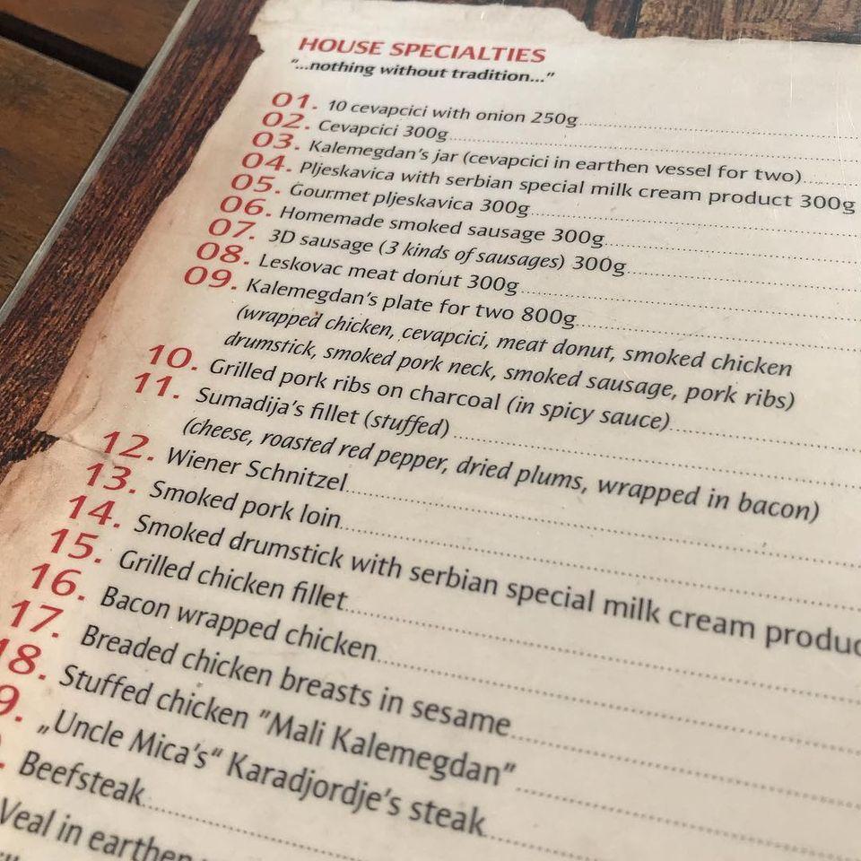 Menu at Kahvana Mali Kalemegdan restaurant, Belgrade