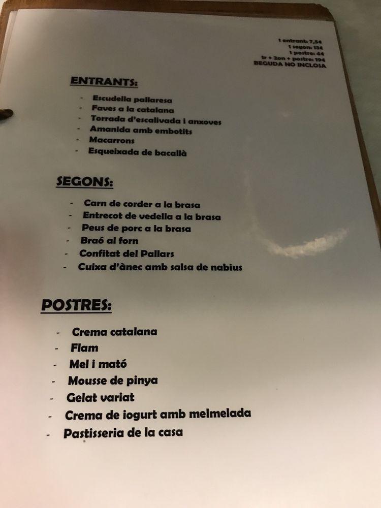 Carta del restaurante Les Ares, España