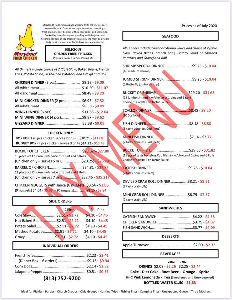 Menu at Maryland Fried Chicken restaurant, Plant City