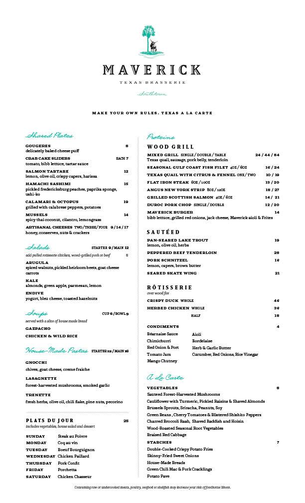 Menu at Maverick Texas Brasserie restaurant, San Antonio
