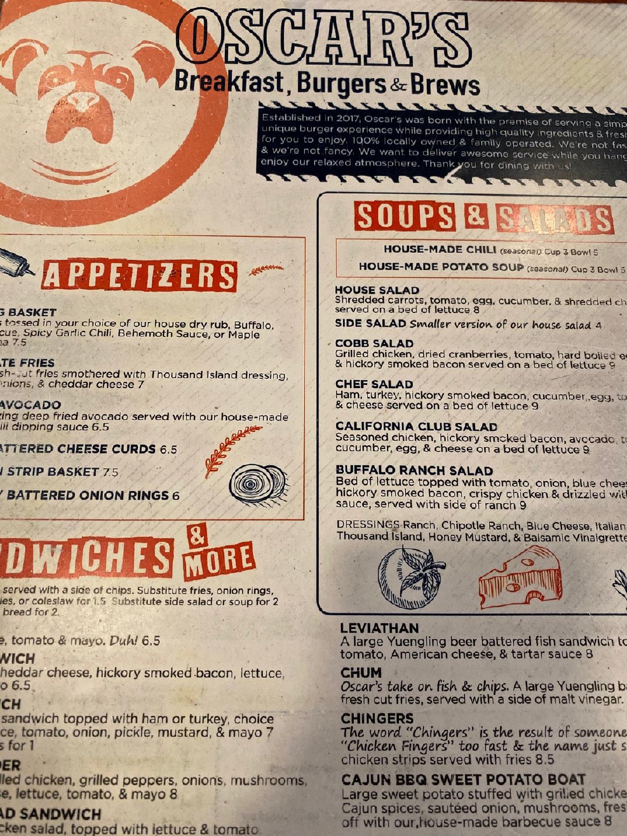 Menu at Oscar's Breakfast, Burgers & Brews restaurant, Barboursville