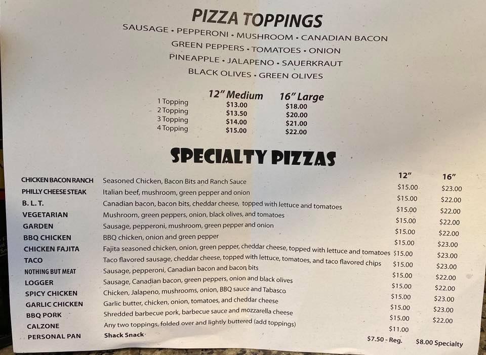 Menu at Pizza Shack pizzeria, Davenport, Northwest Blvd