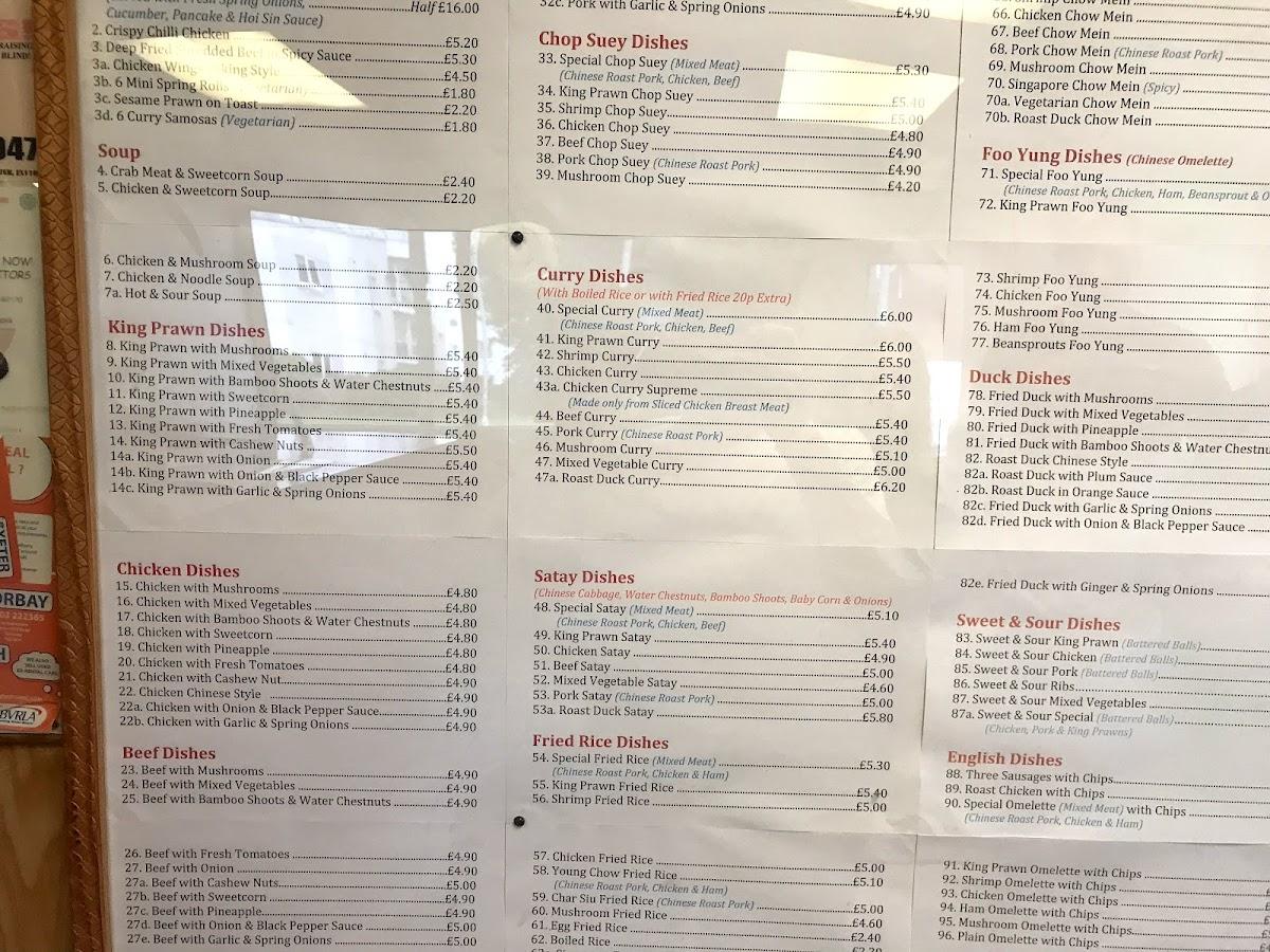 Menu at Rainbow restaurant, Exeter