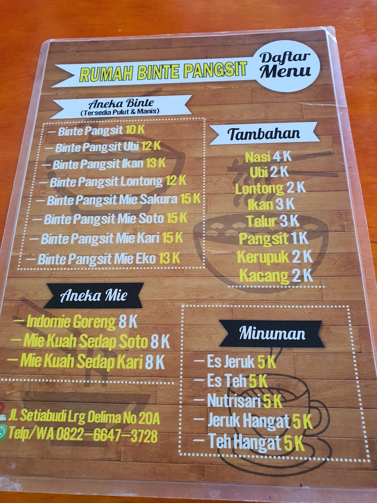 Menu at Rumah Binte Pangsit restaurant, Palu