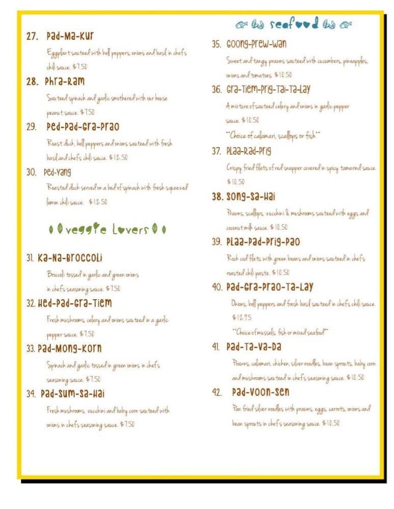 Menu at Simple Thai restaurant, Vallejo