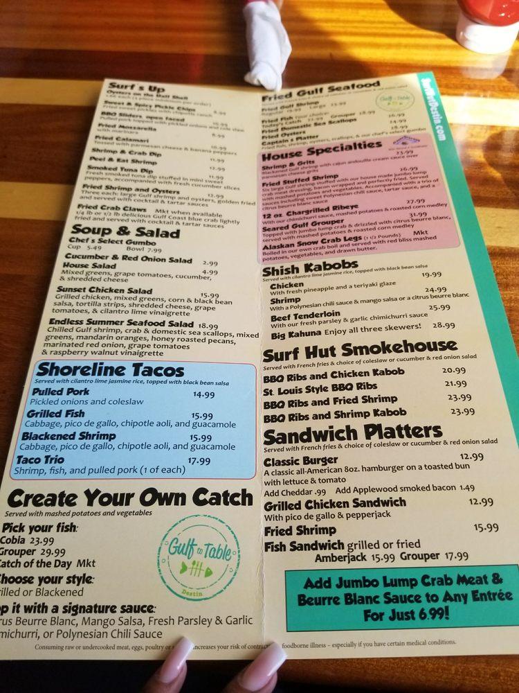 Menu at Surf Hut restaurant, Destin