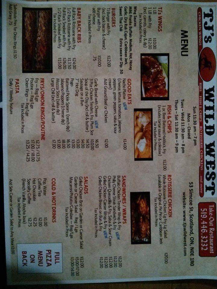 Menu at TJ's Wild West restaurant, Brant