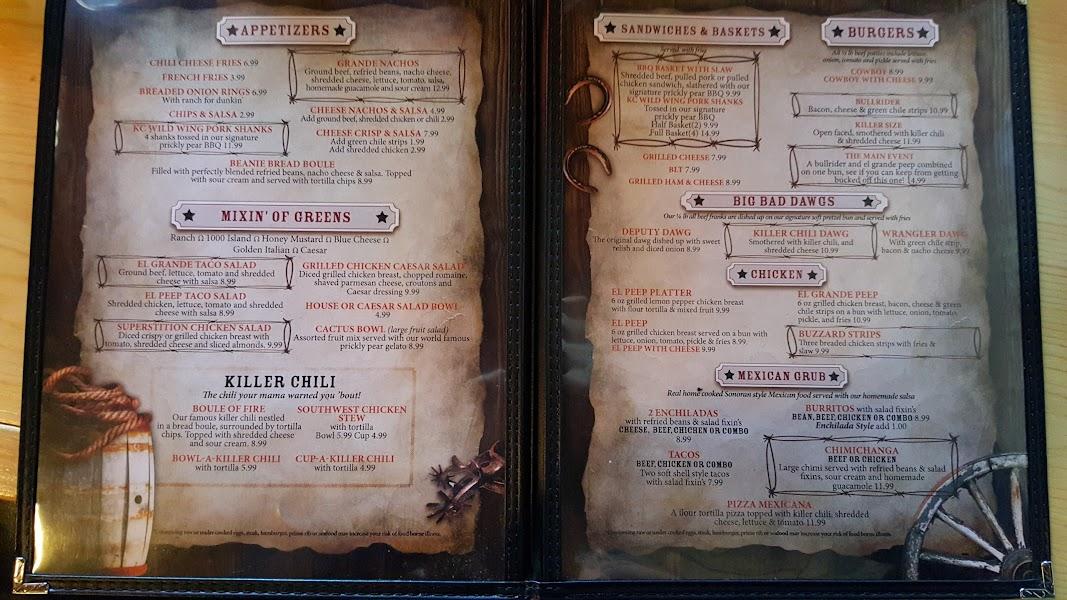 Menu at Tortilla Flat Saloon restaurant, Tortilla Flat, 1 Main Street