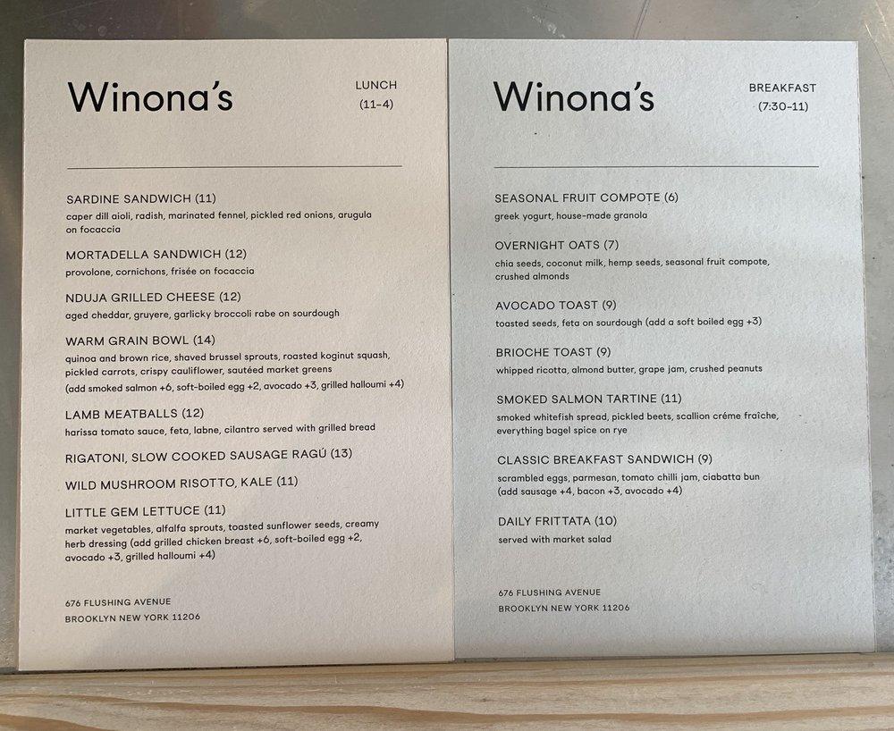 Menu at Winona's restaurant, New York City