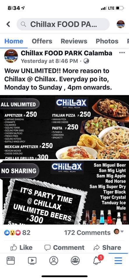 Menu at Chillax Food Park restaurant, Calamba