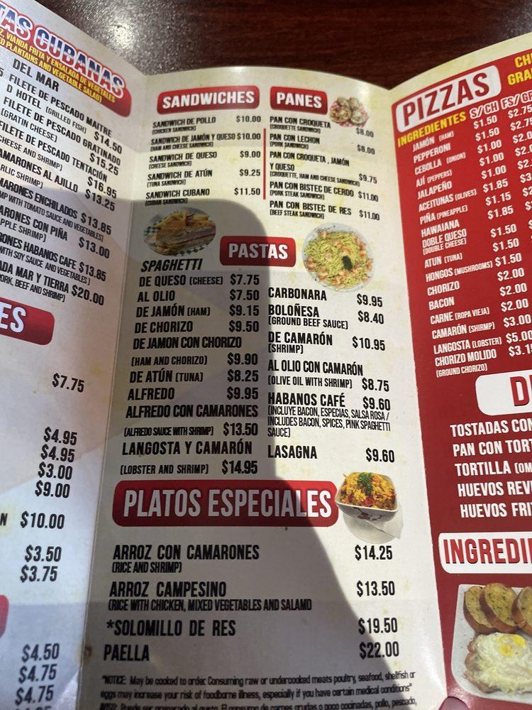 Menu at Habanos Cafe, Las Vegas