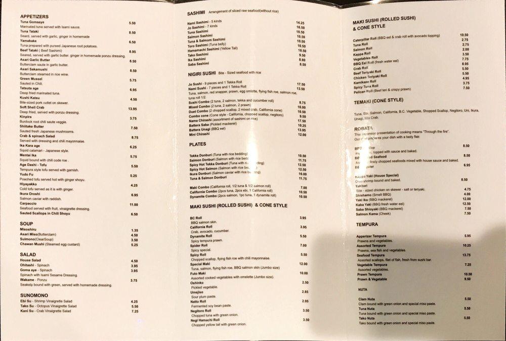 Menu au Isami Sushi restaurant, Burnaby
