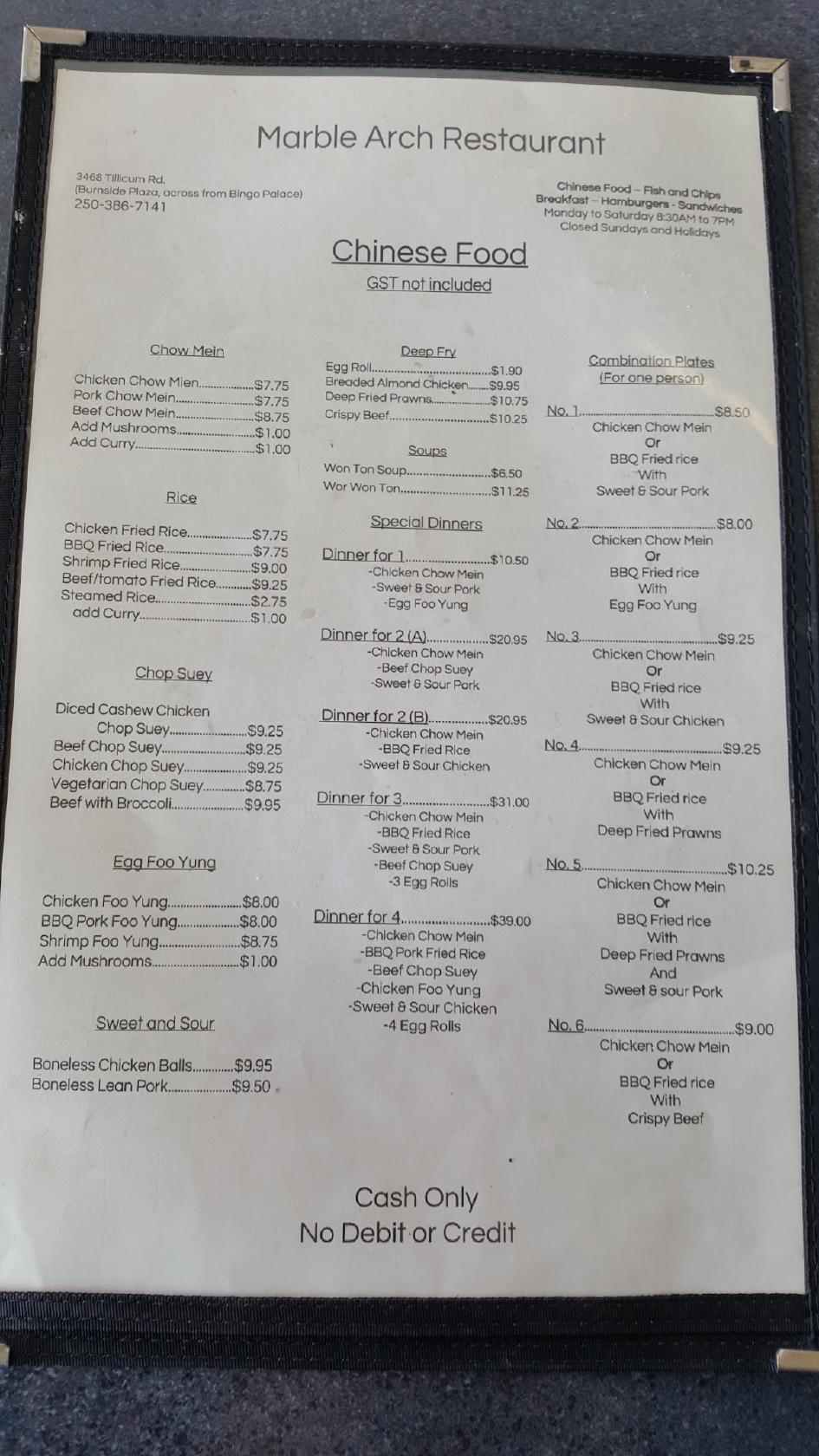 Menu at Marble Arch Fish & Chips restaurant, Victoria