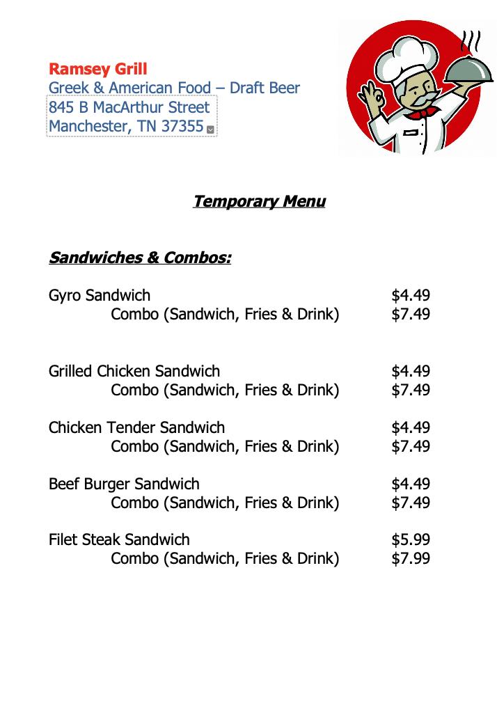 Menu at Ramsey Grill restaurant, Manchester