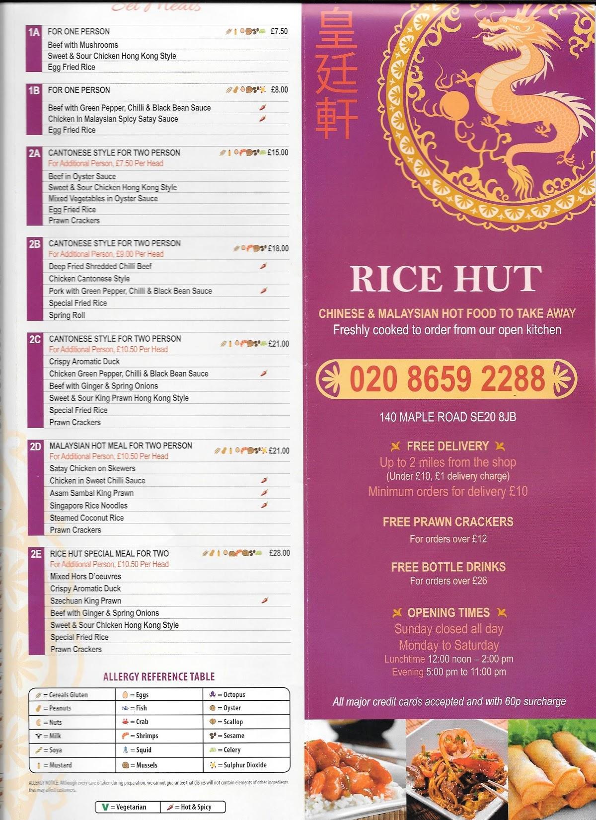 Menu at The Rice Hut restaurant, London, 140 Maple Rd