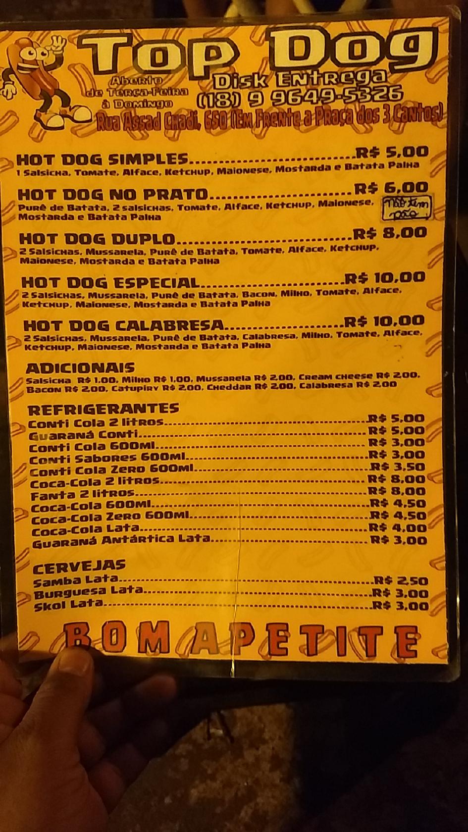 Menu at top dog pub & bar, Cândido Mota
