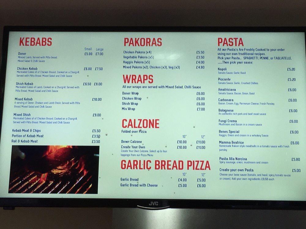 Menu at Bene's restaurant, Edinburgh