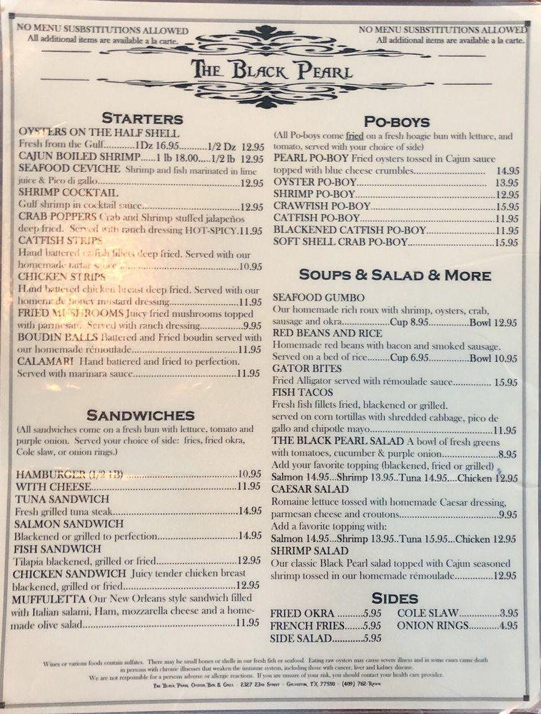 Menu at Black Pearl steakhouse, Galveston