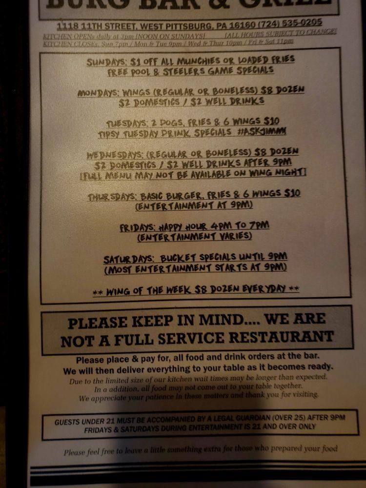 Menu at The Burg Bar & Grill, West Pittsburg