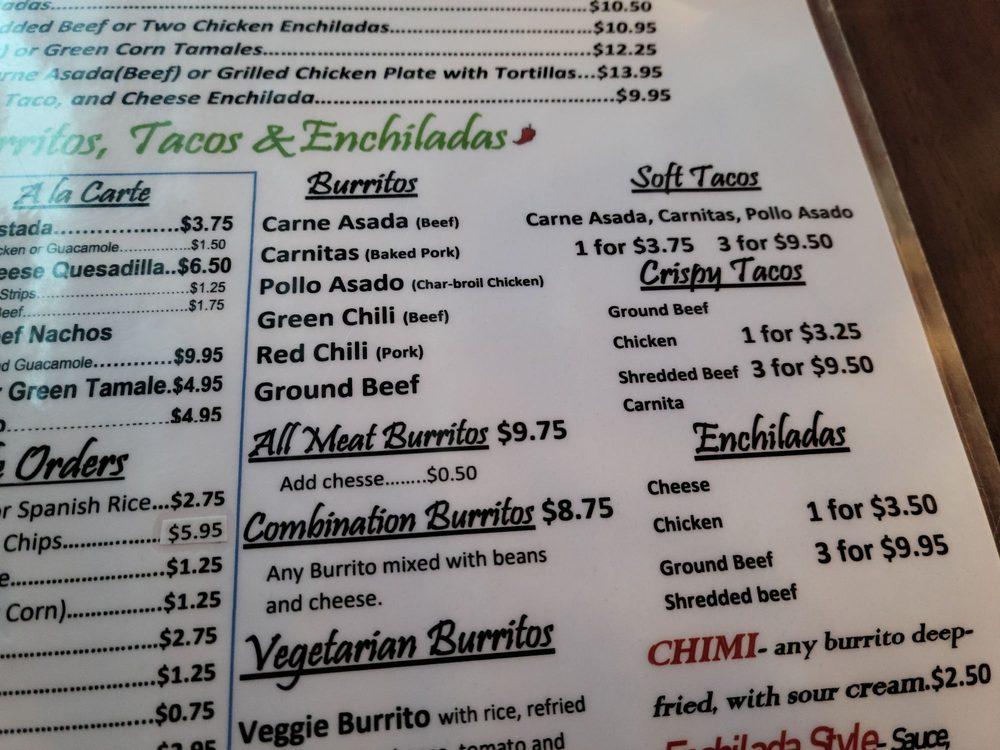 Menu at Casa Rivera's Taco Express restaurant, Oracle