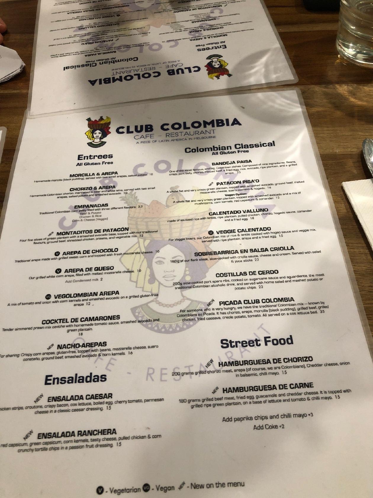 Menu at Club Colombia Restaurant, Melbourne
