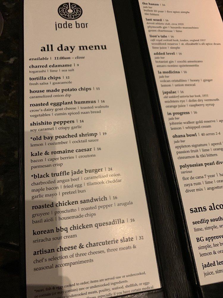Menu at jade bar, Paradise Valley