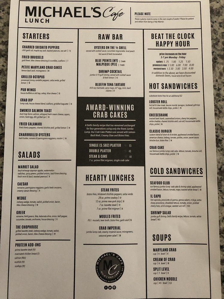 Menu at Michael's Cafe White Marsh-Middle River, Middle River