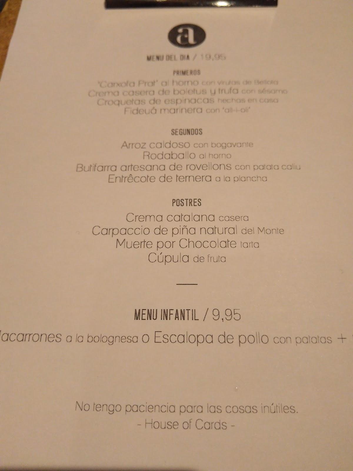 Menu at Restaurant Catalunya i Aragó, El Prat de Llobregat