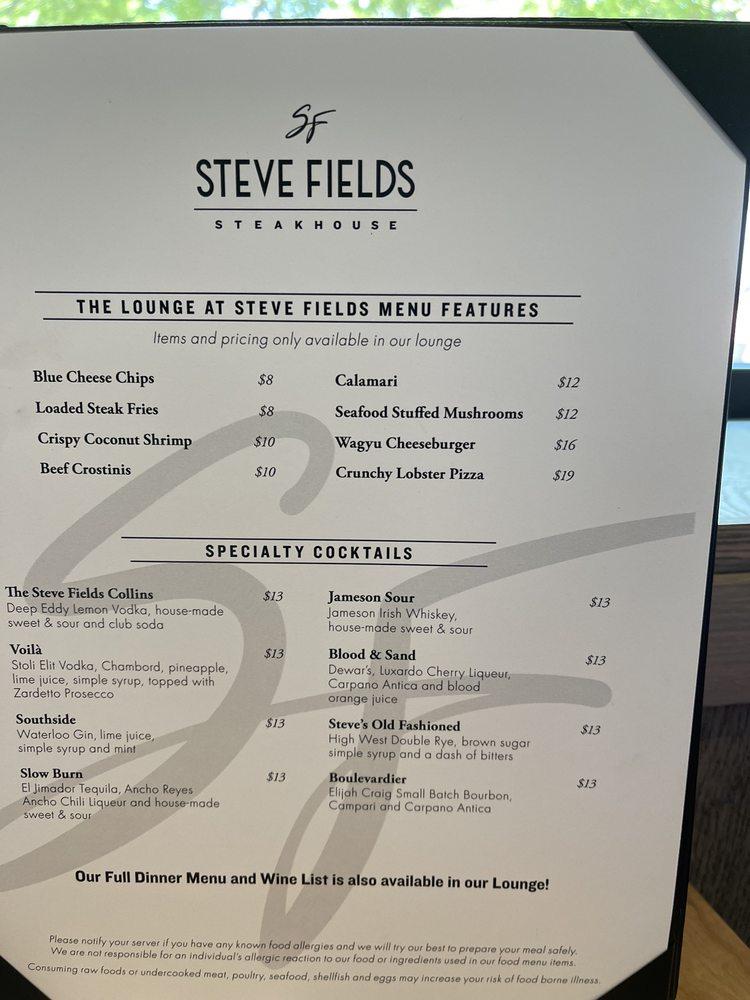 Menu at Steve Fields Steakhouse, Plano