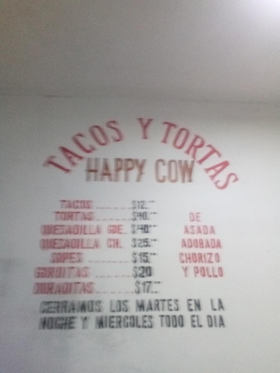 Menu at Takeria Happy Cow restaurant, San Patricio