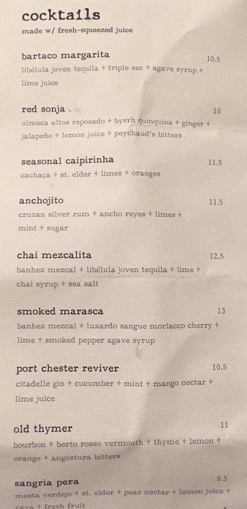 Menu at bartaco, Chapel Hill